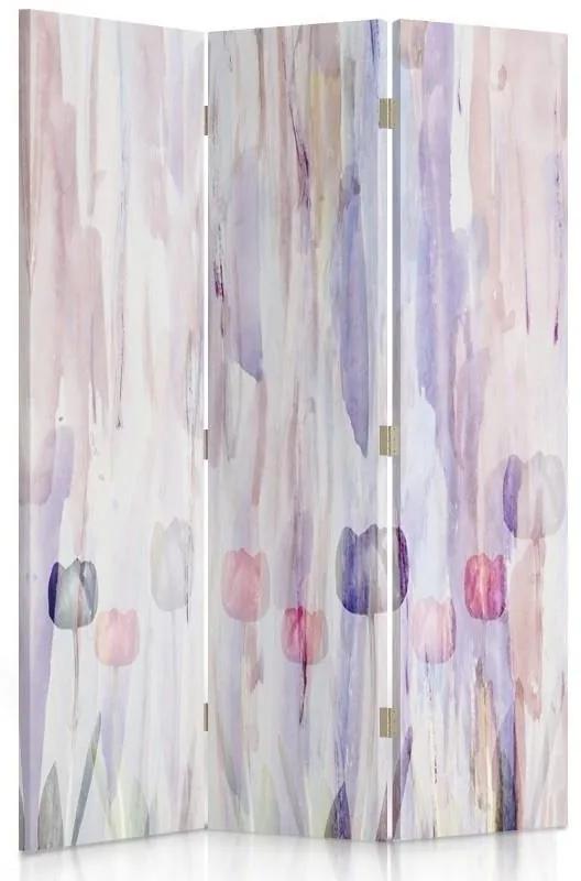 Ozdobný paraván, Malované květiny v pastelových barvách - 110x170 cm, třídílný, klasický paraván