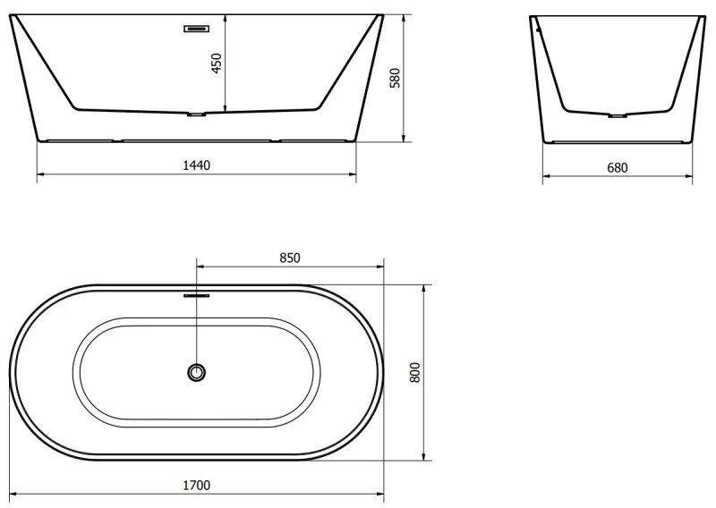 Mexen Luna, volně stojící vana 170 x 80 cm, bílá-černá, bílý přepad, 52031708075-20
