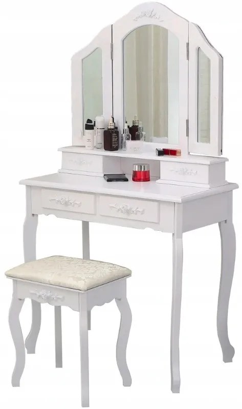 Elegantní bílý toaletní stolek s velkým zrcadlem a taburetem
