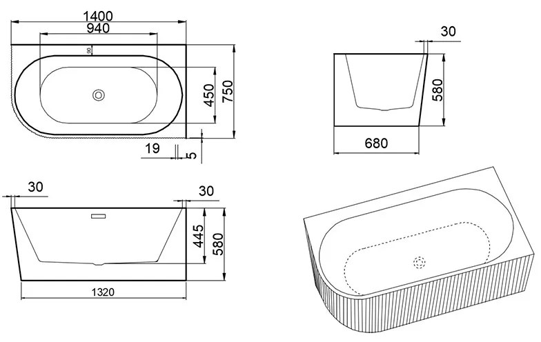 BPS-koupelny Volně stojící rohová akrylátová vana HYD-RIO504A pravá 140x75 bílá, odtokový komplet zlatý