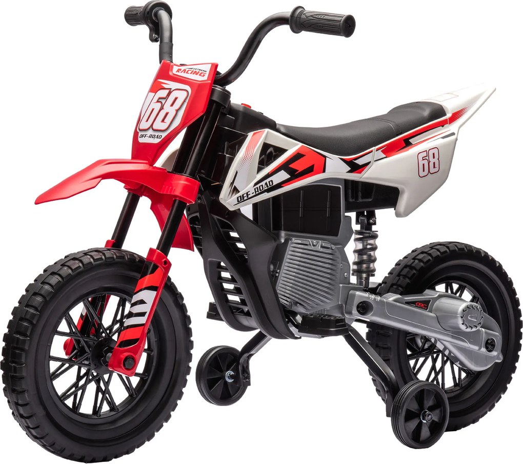 Dětská elektrická motocross motorka AIYAPLAY pro děti 3-6 let, 12V, 2 silné motory, maximální rychlost 5 km/h, stabilizační kolečka, pérování, s hudb…