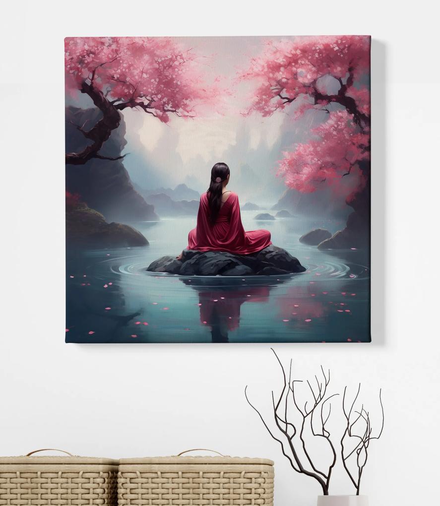 Obraz na plátně - Meditace, žena v červených šatech na ostrůvku FeelHappy.cz Velikost obrazu: 80 x 80 cm