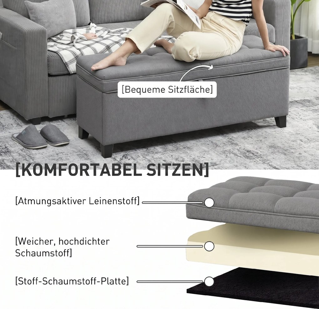 HOMCOM Lavice s úložným prostorem, polstrovaná lavice 120x40x48 cm s bezpečnostními panty, lněný vzhled, tmavě šedá
