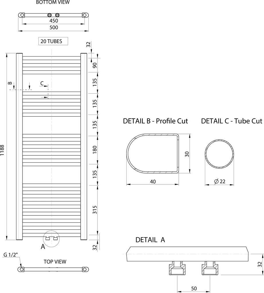 Aqualine ALYA otopné těleso rovné 500 x 1188 mm středové připojení chrom LLS302