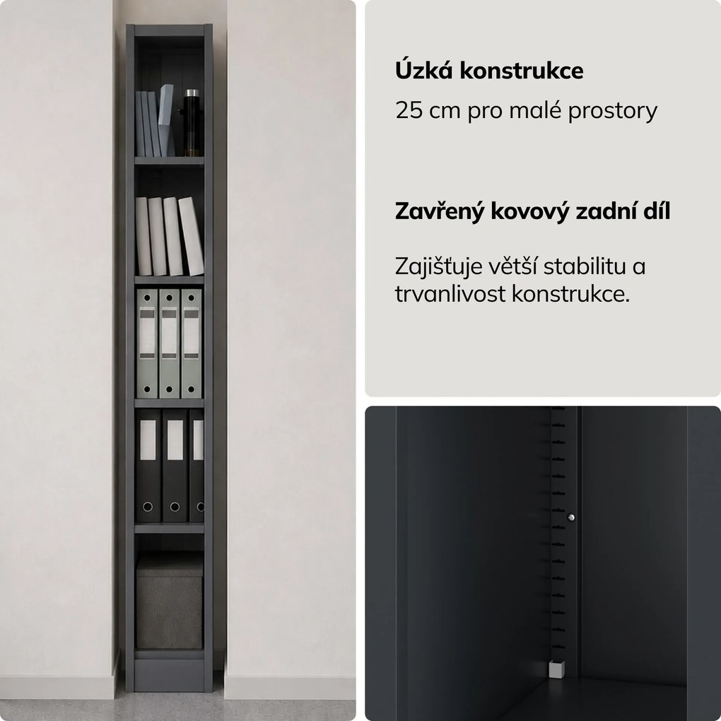 Úzký kovový archivační regál na dokumenty antracitový, 250x1950x600 mm: TIM