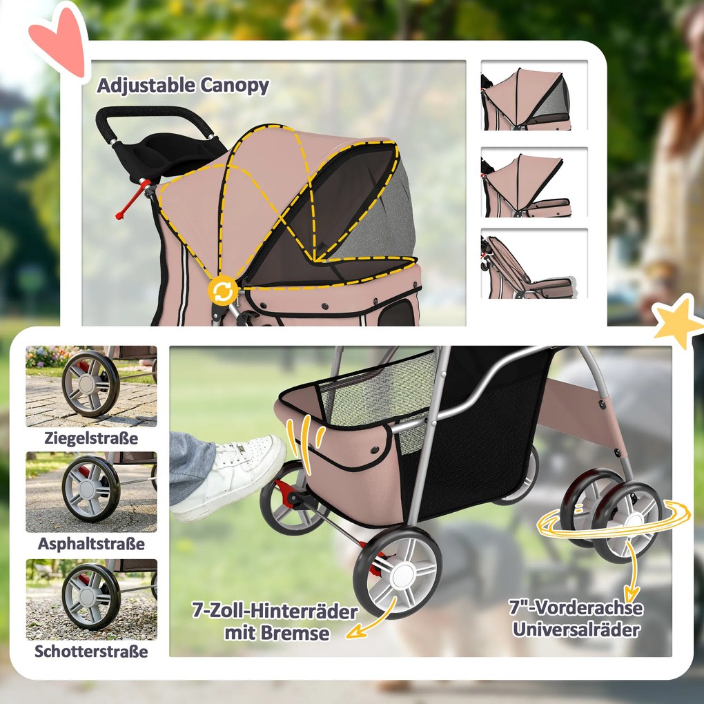 Skládací kočárek pro psy s reflexními pruhy Úložný koš Polštář pro malé psy do 10 kg 77x44x102cm Káva