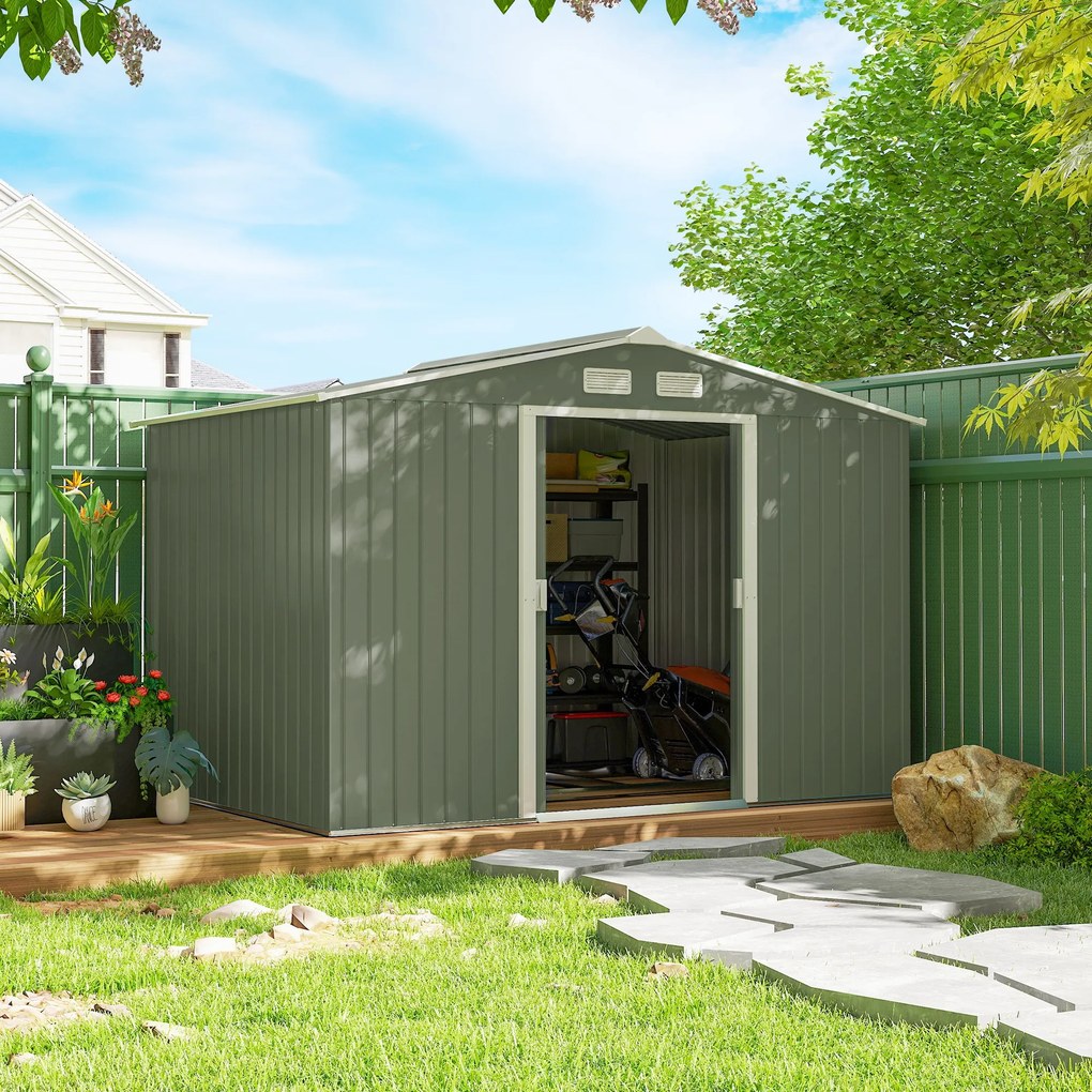 Outsunny kůlna na nářadí kovová kůlna s podezdívkou světle zelená 277 x 195 x 192 cm | Aosom