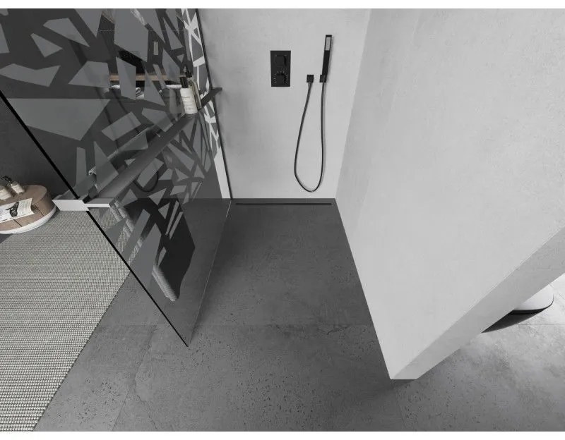 Mexen Kioto+, sprchová zástěna Walk-In s poličkou a věšákem 70 x 200 cm, 8mm čiré sklo bílý vzor, grafitový profil, 800-070-121-95-85