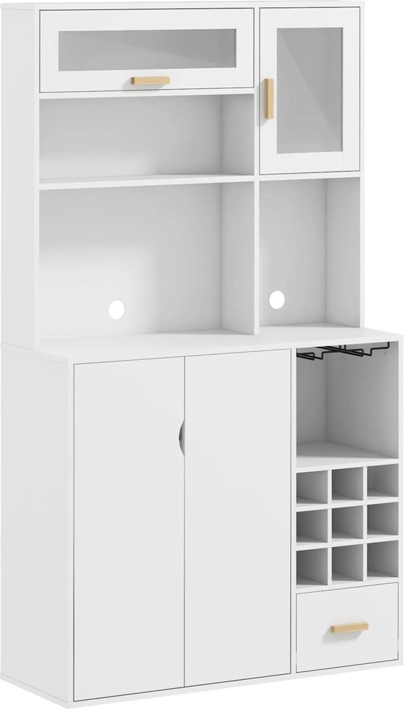 HOMCOM Vysoká Skříňka na Potraviny s Vinotékou, 3 Skříňky, 4 Police a Zásuvka, Moderní Skříň na Potraviny z Dřevotřísky a Borového Dřeva, 100x38x172 c