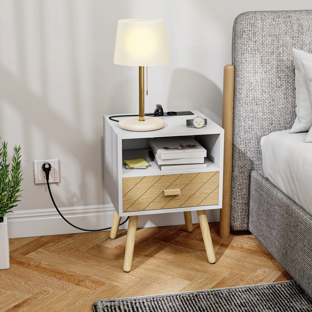 Noční stolek HOMCOM s nabíjecí stanicí, šuplíkem, 2 zásuvkami, USB & USB‑C, otevřenou policí, borovicové nohy, bílý