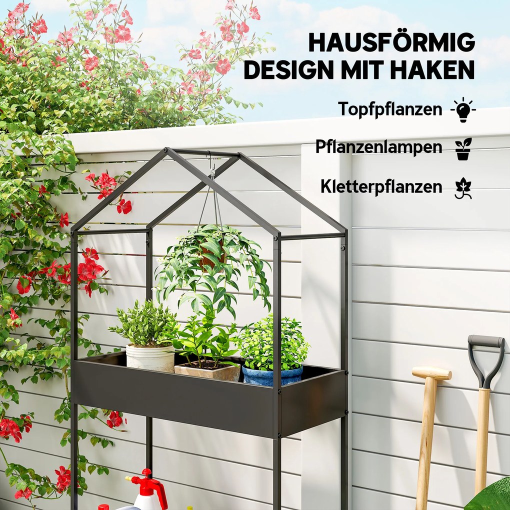 Outsunny Stojan na květiny 2 patra, kovový regál ve tvaru domu, 150 cm, s háčkem, černý