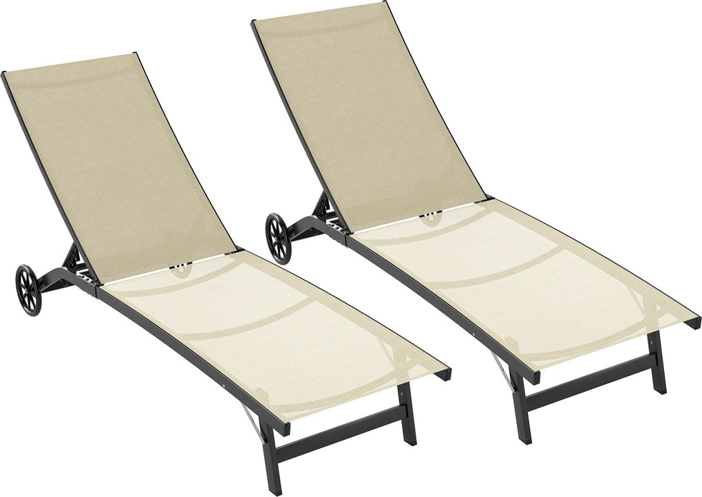 Outsunny Sada 2 skládacích lehátek z hliníku a textileny s kolečky, vícestupňový opěrák, max. zatížení 150 kg khaki | Aosom