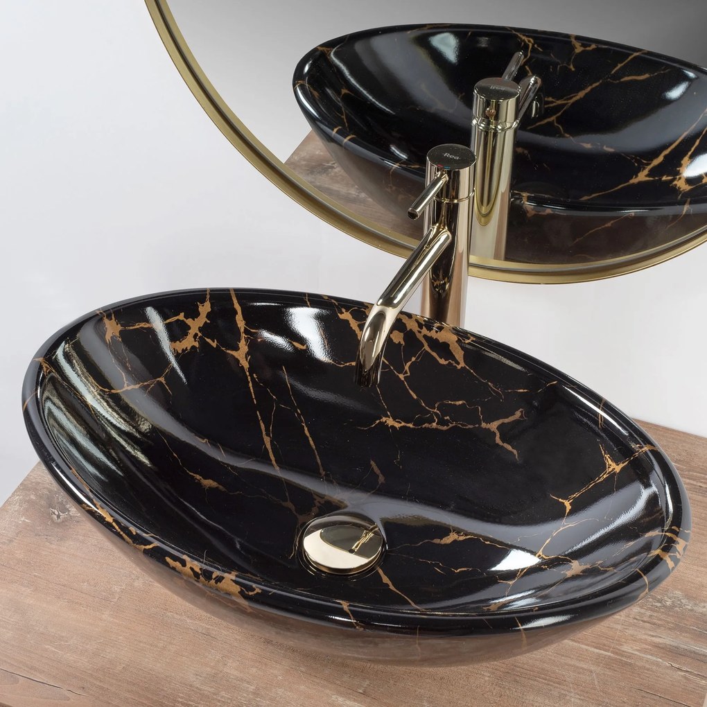 Rea Pamela Black Marble Shiny, umyvadlo na desku 530x330x150 mm, černá lesklá-vzor black marble, REA-U5067