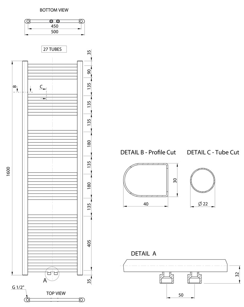 Aqualine Aqualine, ALYA topné těleso rovné 500x1600 mm, středové připojení, chrom, LLS304