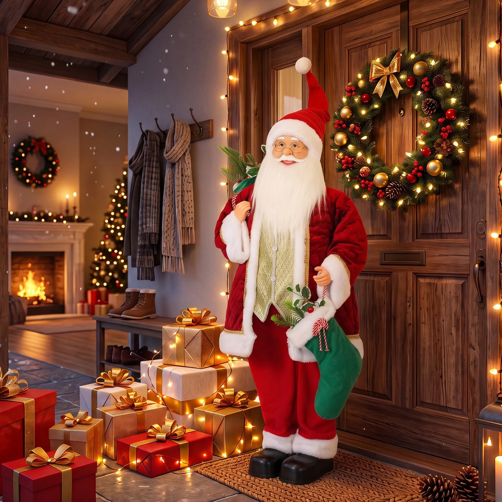 HOMCOM 120 cm zpívající a tancující Santa Claus, stojící animovaná vánoční postava s punčochou, pytlem, aktivovaná zvukem / dotykem