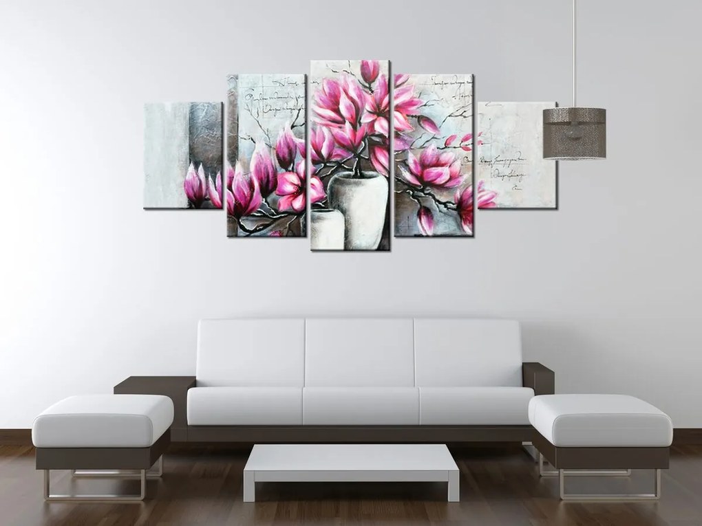 Gario Ručně malovaný obraz Růžové magnolie ve váze - 5 dílný Rozměry: 100 x 70 cm