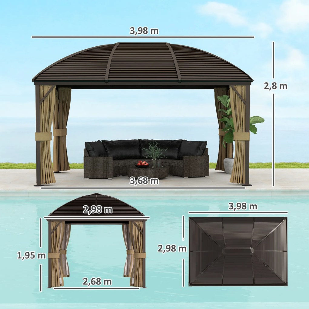 Zahradní altán 4×3 m s pevnou střechou, hliníkový pavillon, moskytiéra, bočnice, voděodolný, hnědý