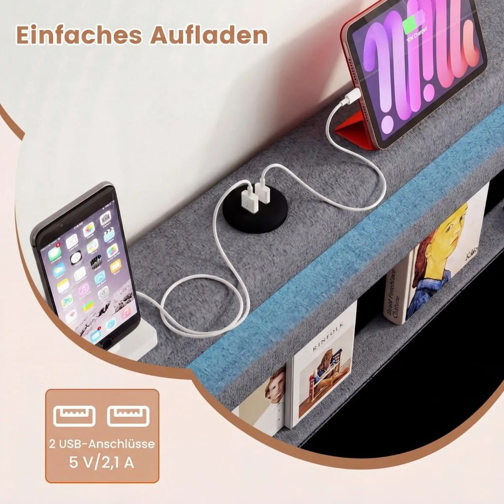 Costway Čalouněná postel s LED osvětlením Nabíjecí stanice (2 USB porty) Rám