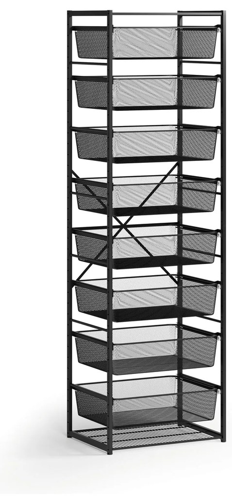 Otevřený košový regál, 8x koš s jemným sítem, TYP VIII, 600 x 460 x 2020 mm, černá
