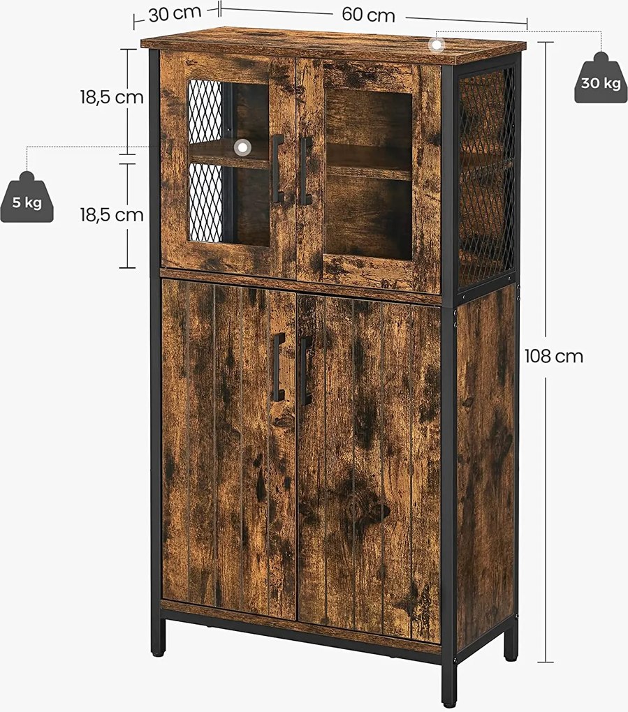 Úložná skříň, víceúčelová skříň 60 x 108 x 30 cm, rustikální hnědá a černá