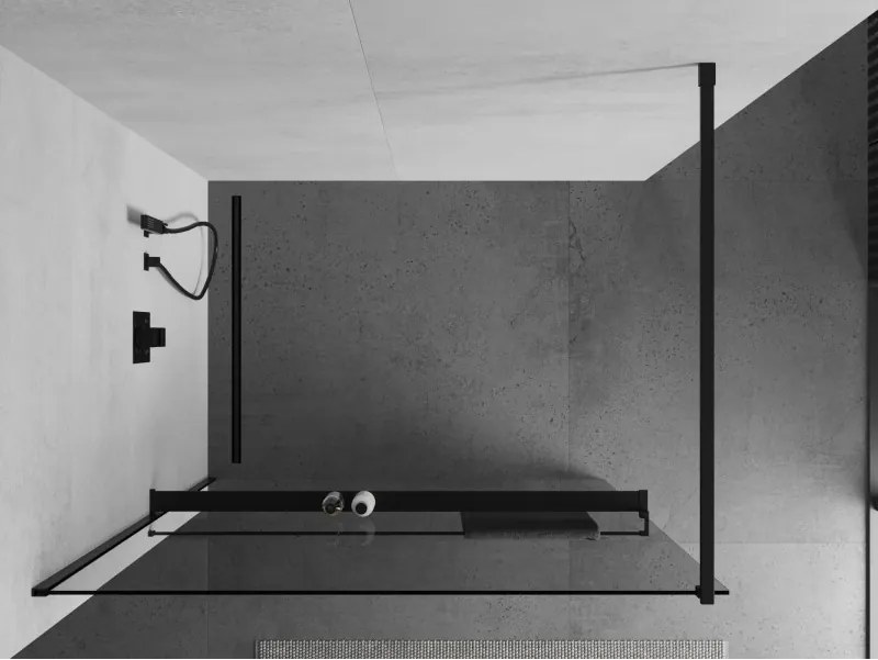 Mexen Kioto+, sprchová zástěna s poličkou a držákem na ručníky 140 x 200 cm, 8mm čiré sklo, černý profil, 800-140-121-70-00