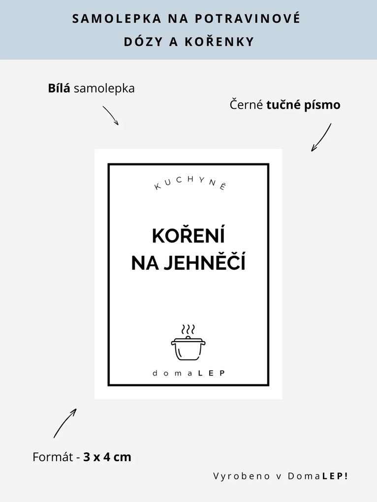 Samolepka na kořenky KOŘENÍ NA JEHNĚČÍ bílá 3 × 4 cm tučné písmo