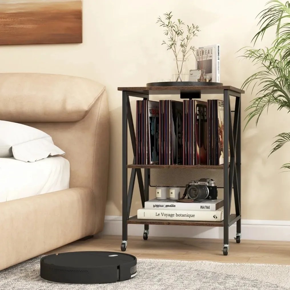 Mobilní stojan na gramofon se zásuvkami 220 V a USB porty, rustikální JV12662DE-CF