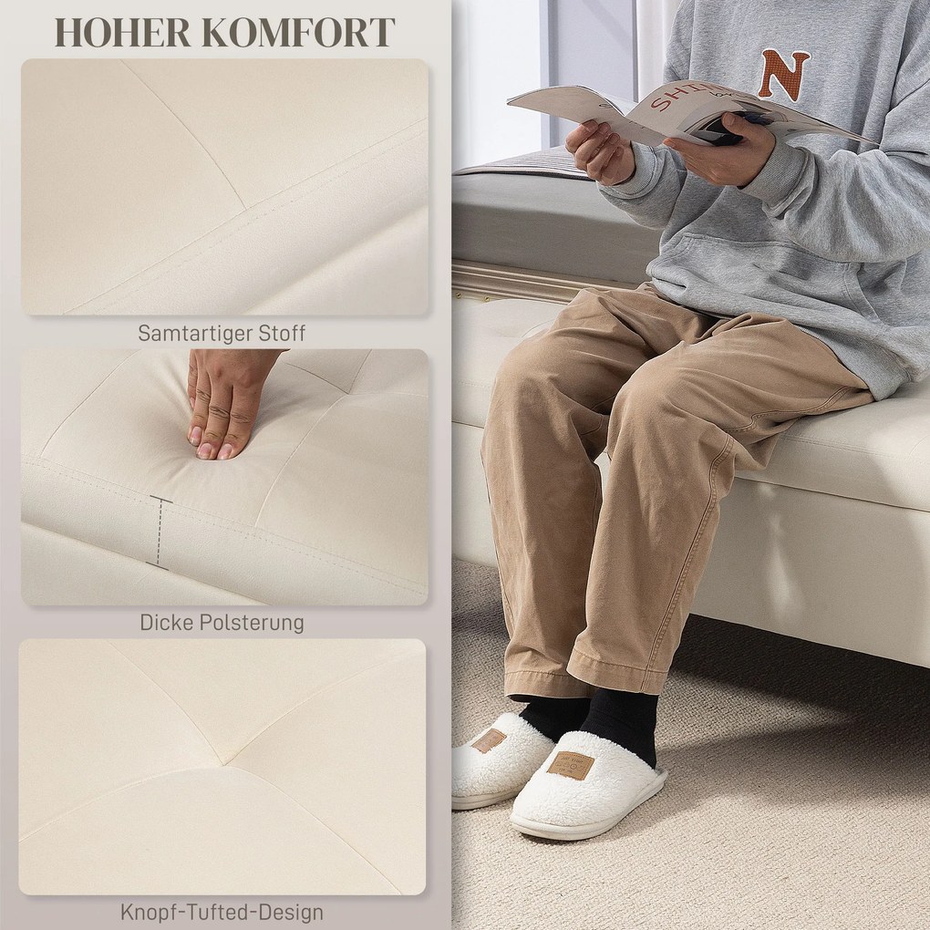 HOMCOM Lavice s úložným prostorem čalouněná lavice sametový vzhled kovové nohy lavice do obývacího pokoje ložnice předsíně 120 x 44,5 cm béžová