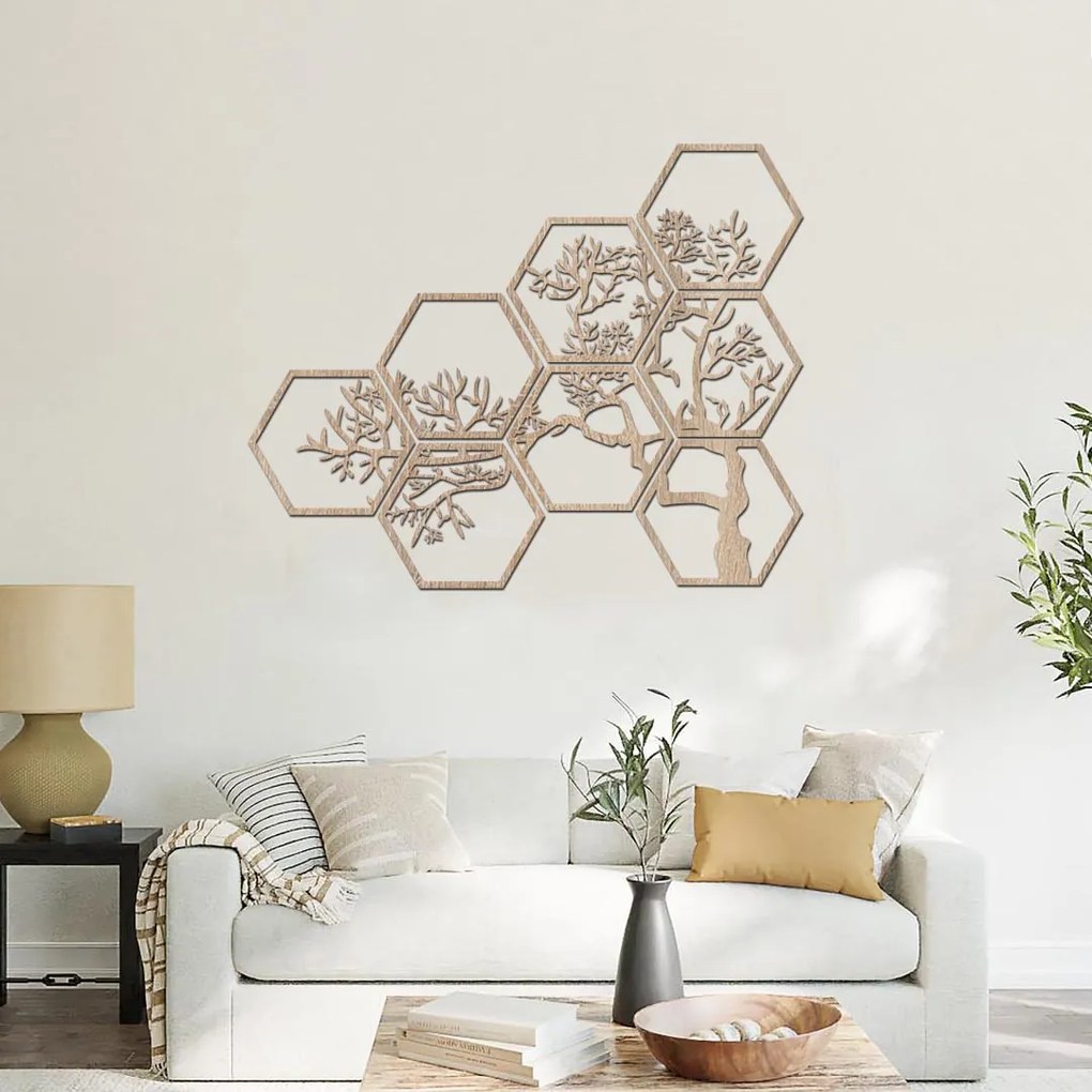 dřevo života Dřevěný strom na zeď HEXAGON Zvolte barvu dekoru: Antracitová, Rozměry šxv (cm): 60x48