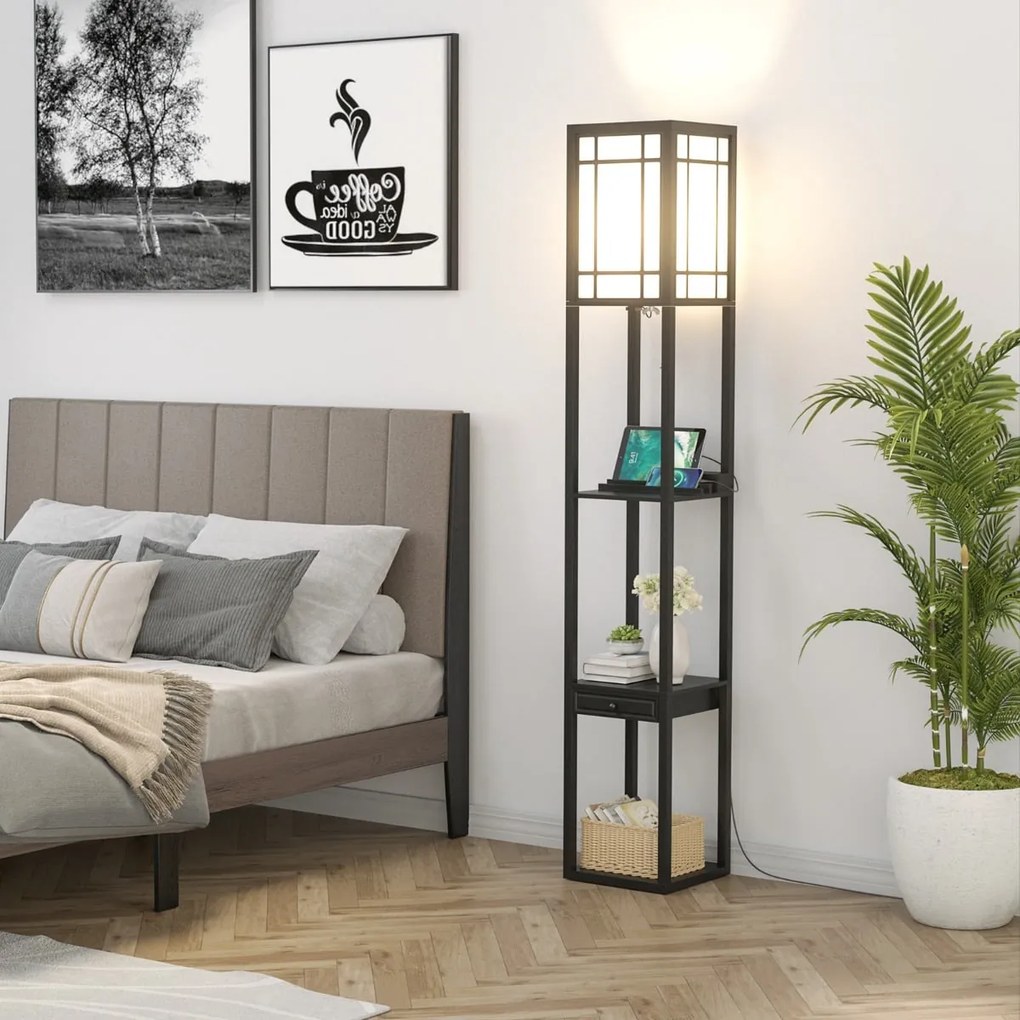 Costway Moderní regálová stojací lampa do obývacího pokoje a ložnice, černý