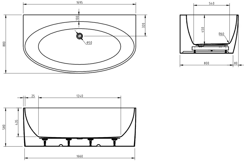 Mexen Paola, volně stojící vana ke stěně 170 x 88 cm, bílá lesklá, 52731708800-SS