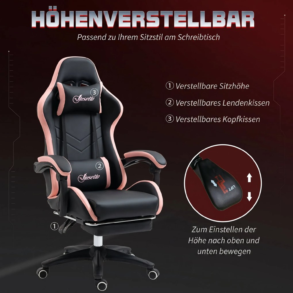 Vinsetto Herní Křeslo Racing Gamer Křeslo PU Kůže s Nastavitelnou Výškou, Polohováním 135°, Opěrkou Hlava, Bederní Oporou a Sklopným Podnožím pro Kan…