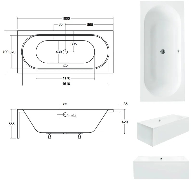 NIKIDO - B Akrylátová vana  VITAE 150x75, 160x75, 170x75, 180x80 Velikost: 150x75