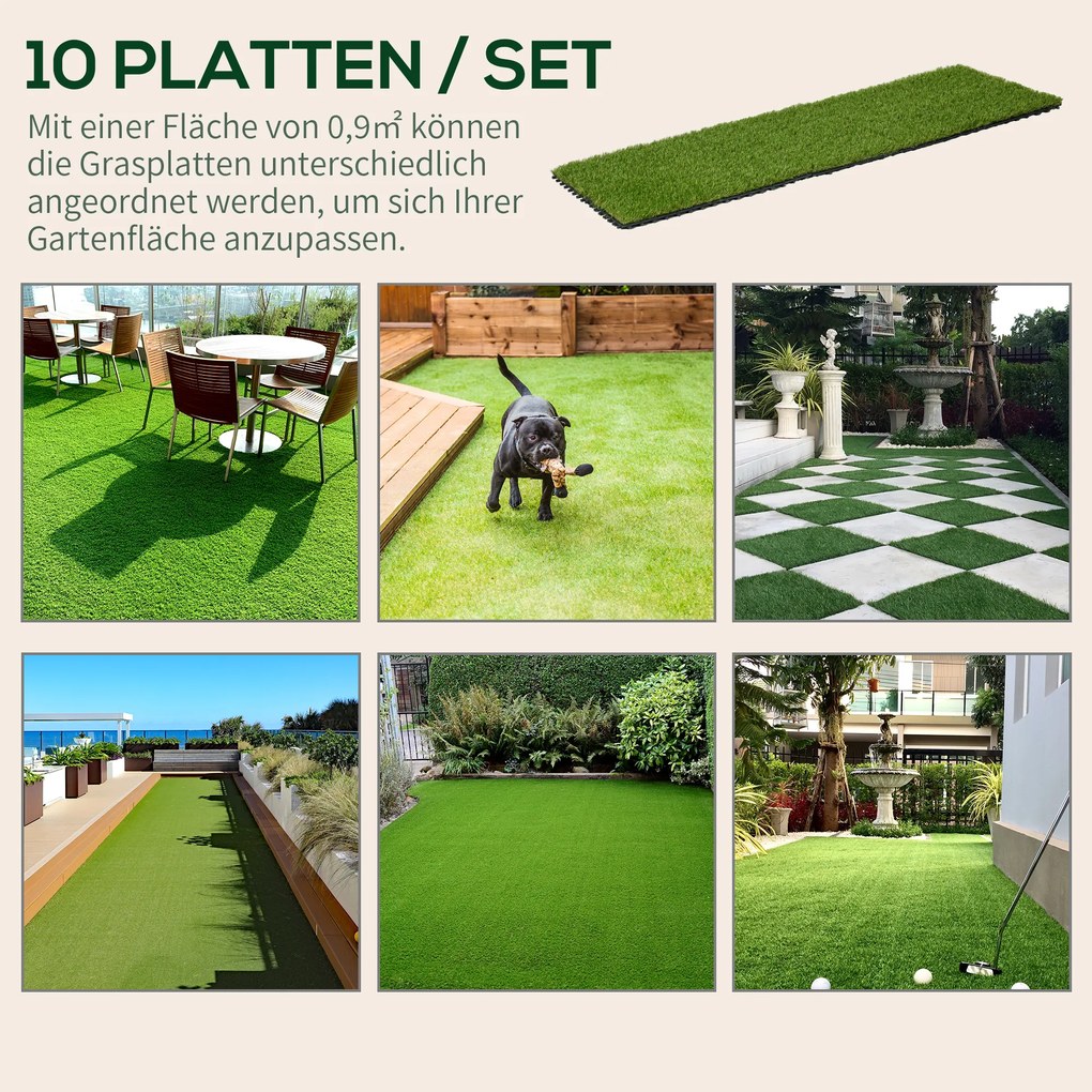 Outsunny umělá tráva 10 kusů travní koberec 30 x 30 cm 25 mm tmavě zelený pro balkonovou zahradu, odolný a snadno udržovatelný, umělý trávník z plastu