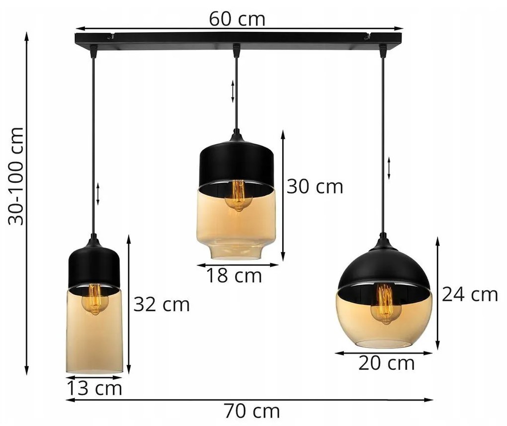 Závěsné svítidlo OSLO 4, 3x černé/medové skleněné stínítko