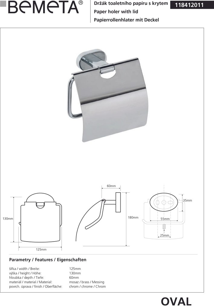 Bemeta Design OVAL: Držák toaletního papíru, s krytem - 118412011