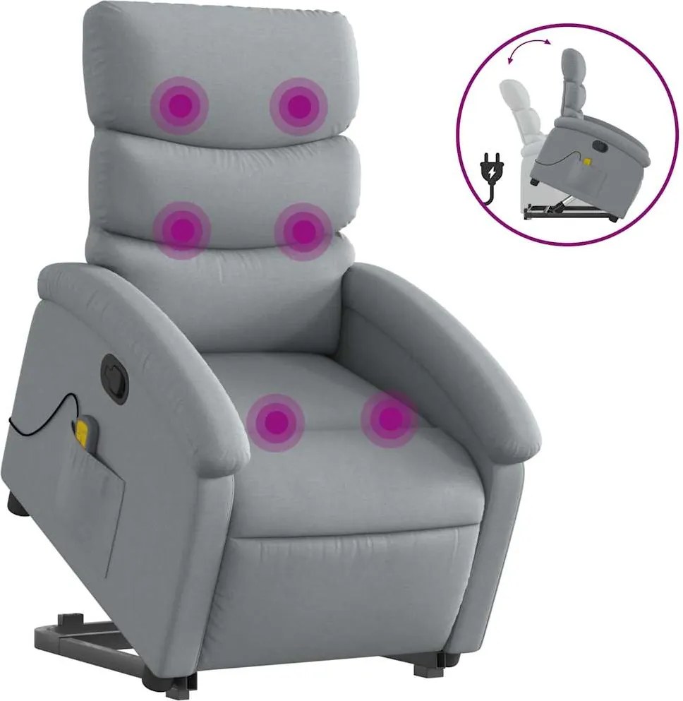 Zvedací masážní polohovací křeslo světle šedé textil 3203990