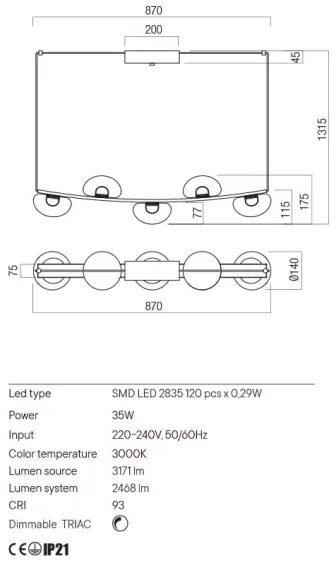 Redo 01-3243 - LED Stmívatelný lustr na lanku SINCLAIR LED/35W/230V CRI 93 IP21