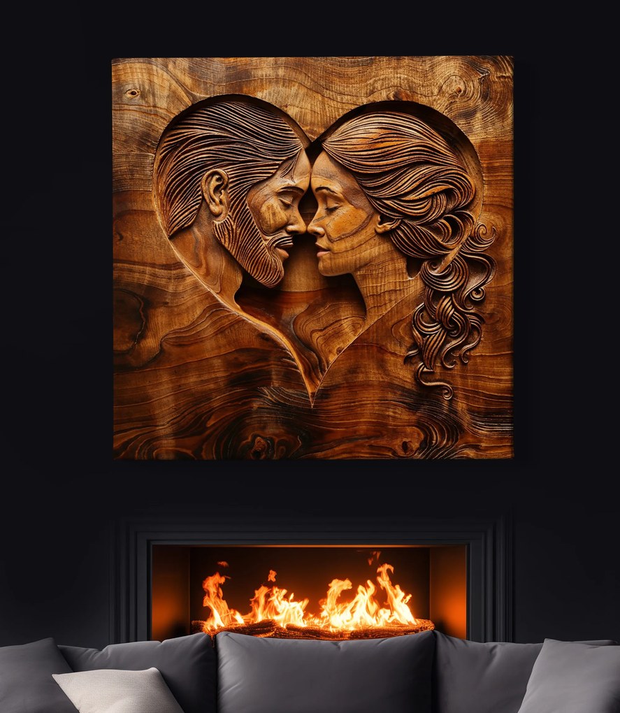 Obraz na plátně - Zamilovaný pár v srdečném spojení, dřevo styl FeelHappy.cz Velikost obrazu: 100 x 100 cm