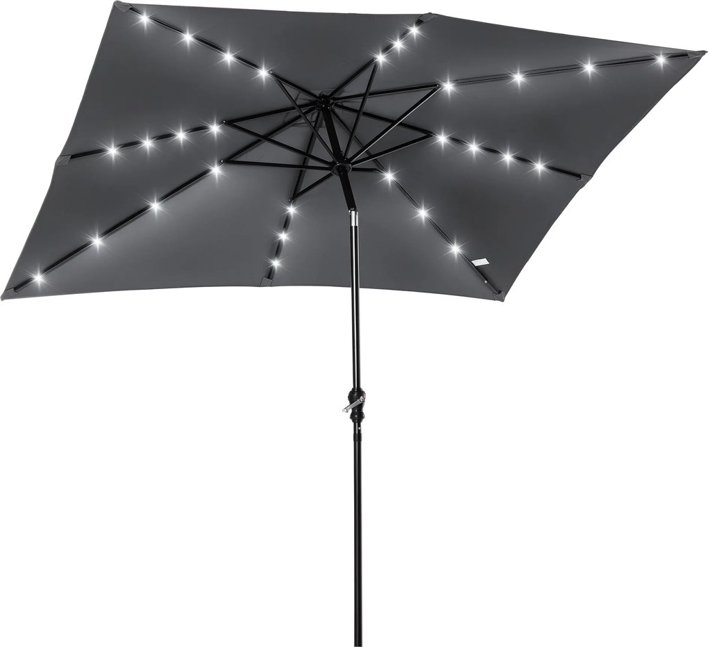 Zahradní deštník Outsunny 268x205x248 cm s LED solárními světly a naklápěcí střechou, ocelová konstrukce a klička pro terasu | Aosom