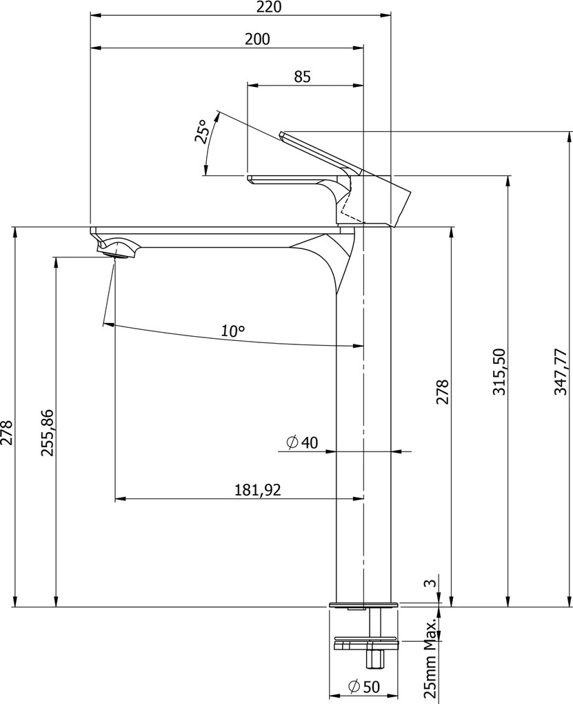 Sapho PAX XA07/15 umyvadlová baterie vysoká bez výpusti prodloužená hubice černá mat