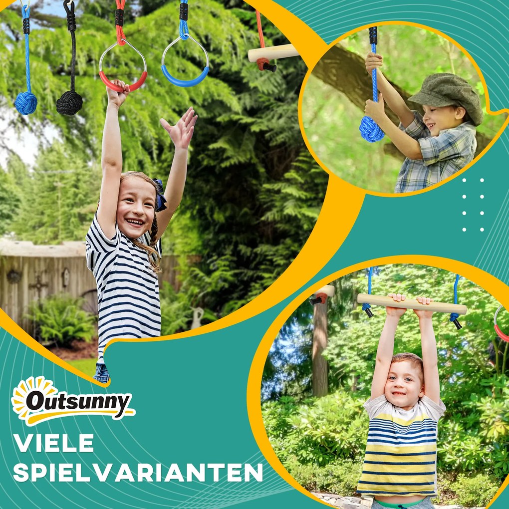 Outsunny Ninja Slackline Set 30 kusů, 10m lano s překážkami, lezecký rám, venkovní trénink lezení, herní vybavení pro děti 3-6 let, gymnastické kruhy…