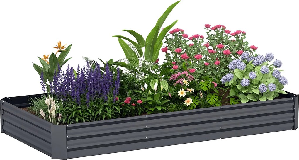 Outsunny Zahradní Truhlík, Obdélníkový Vyvýšený Záhon s Bezpečnostním Okrajem a Otevřeným Dnem, pro Květiny a Bylinky, 240 x 120 x 30 cm, Tmavě Šedý |