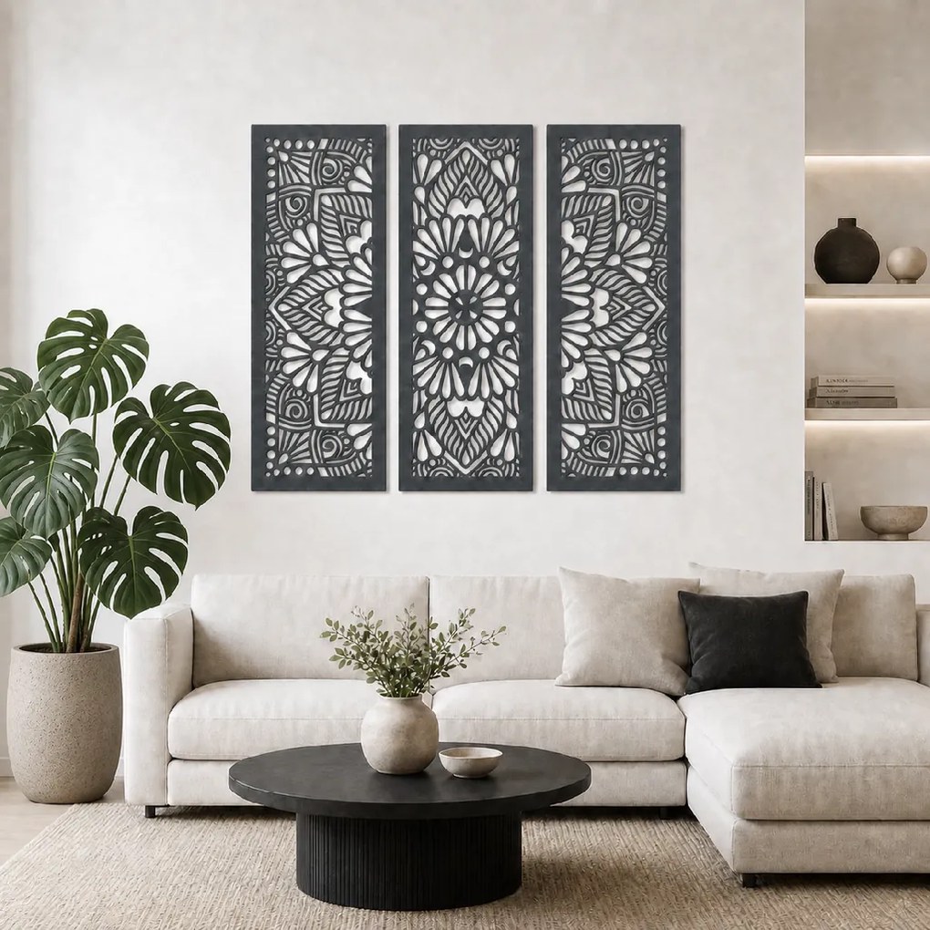 dřevo života Dřevěná 3 dílná mandala QUADRO Zvolte barvu dekoru: Antracitová, Rozměry (cm): 120x100
