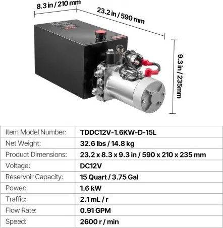 Hydraulický agregát 15 l, Maximální přetlak 22 MPa a průtok 3,4 l/min VEVOR