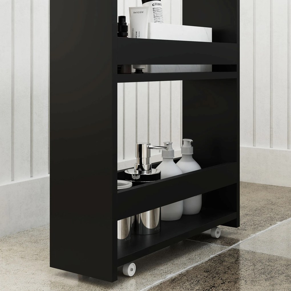 Kleankin 3-vrstvý úložný vozík na kolečkách pro užší kuchyň, koupelnu, prádelnu a kancelář s rukojetí - 48 x 15 x 80 cm Černý