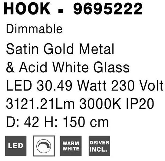Nova Luce Závěsné svítidlo HOOK saténový zlatý kov a opálové bílé sklo LED 37W 3000K stmívatelné