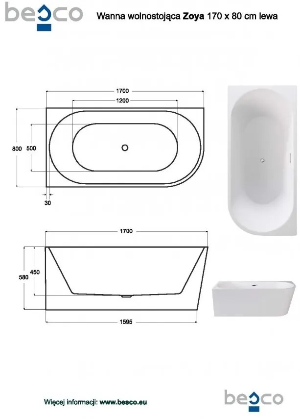 BESCO Volně stojící vana ZOYA Glam - zlatá Barva sifonu - Bílá, Rozměr vany - 170 × 80 cm, Způsob provedení - Levé VANZOYA170LWG1