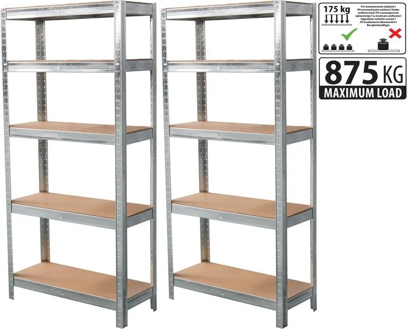 Regál Racks, kovový, MDF, 5 polic, balení 2 ks (1800 x 900 x 300 mm)