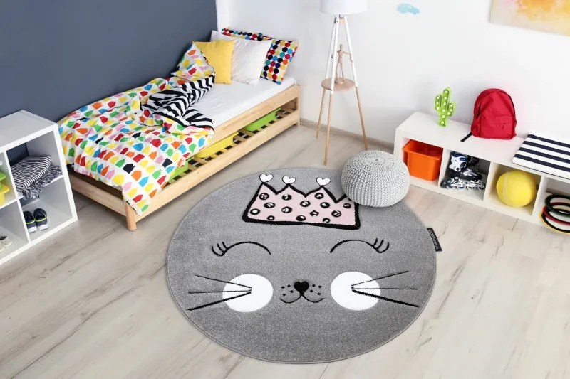 Dywany Łuszczów Dětský kusový koberec Petit Cat crown grey kruh - 160x160 (průměr) kruh cm